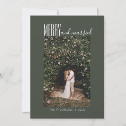 Minimalist Merry Married Wedding Photo Dark Green Holiday Card | Zazzle