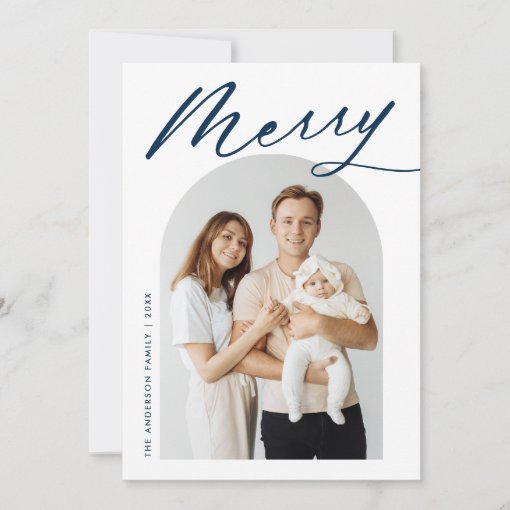 Minimalist Merry Navy Script Arch Photo Holiday Card | Zazzle