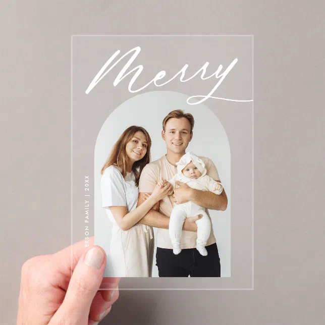 Minimalist Merry White Script Arch Photo Holiday Acrylic Invitations ...