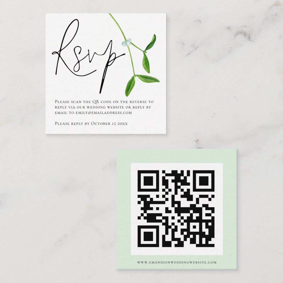 Minimalist Mistletoe Script QR Code Wedding RSVP E Enclosure Card | Zazzle
