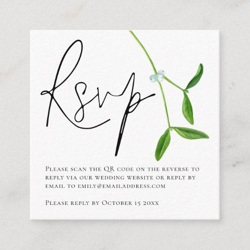 Minimalist Mistletoe Script QR Code Wedding RSVP E Enclosure Card | Zazzle