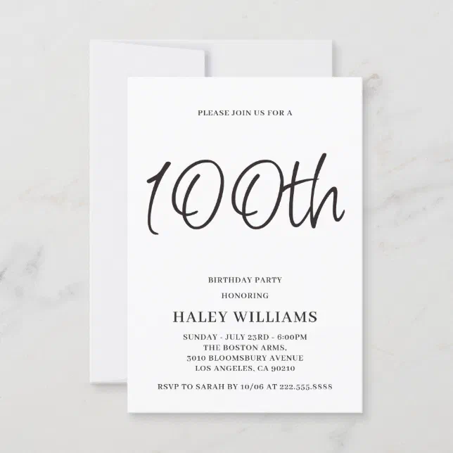 Minimalist Modern Calligraphy 100th Birthday Invitation | Zazzle