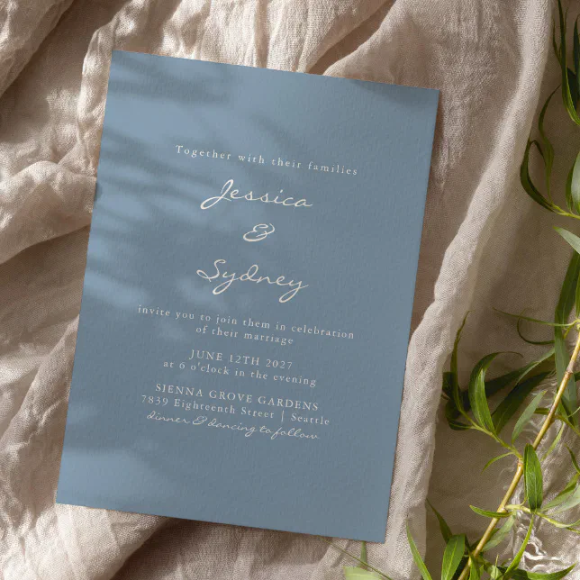 Minimalist Modern Dusty Blue Script Wedding Invitation | Zazzle