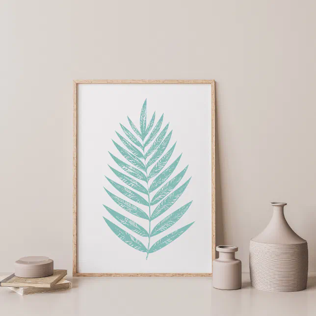 Minimalist Modern Fern Leaf Line Art in Teal Green Poster | Zazzle