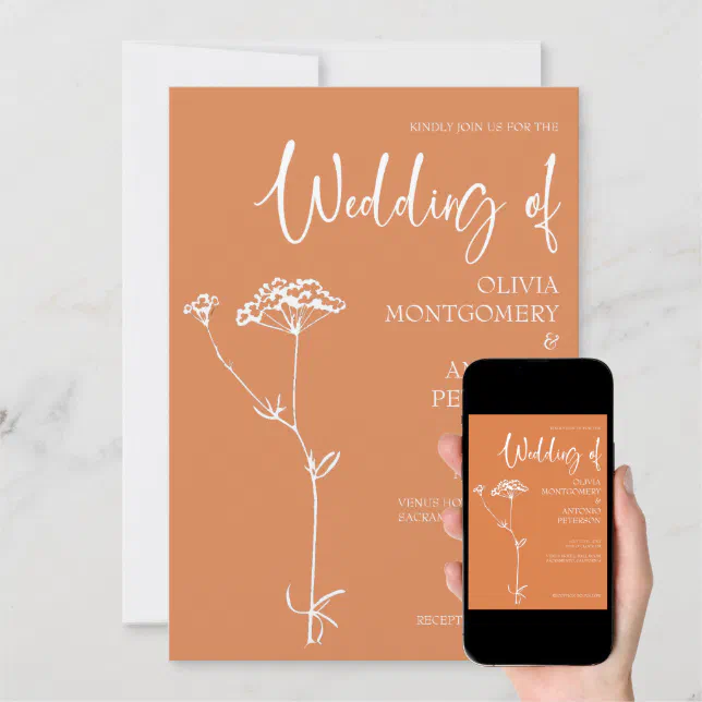 Minimalist Modern Floral Apricot Crush Wedding Invitation | Zazzle