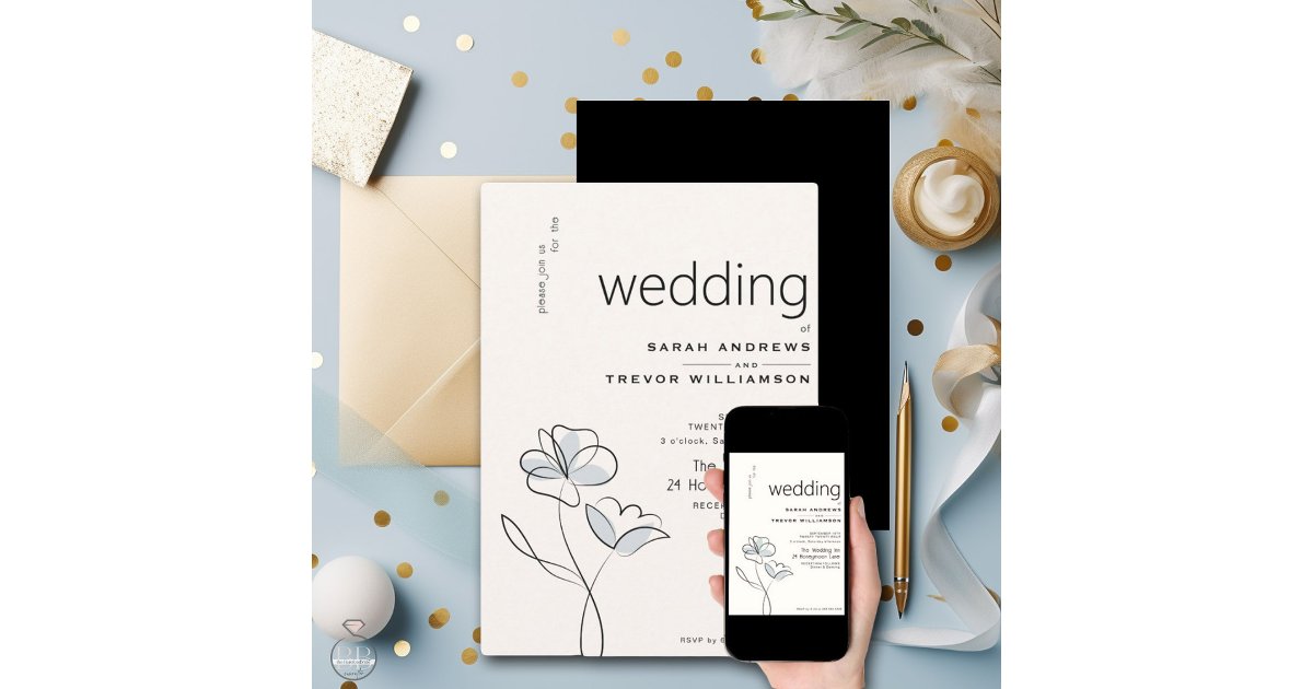 Minimalist Modern Floral Dusty Blue and Buff Invitation | Zazzle