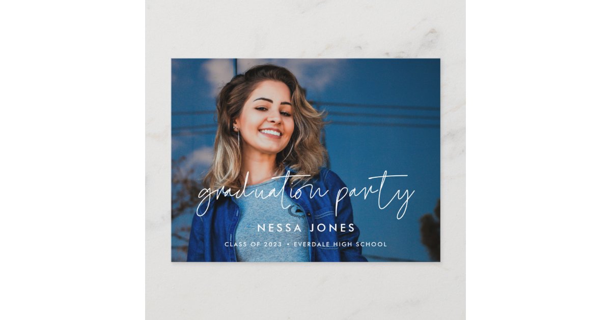 Minimalist modern graduation party photo postcard | Zazzle