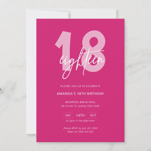 Minimalist Modern Hot Pink 18th Birthday Party Invitation | Zazzle