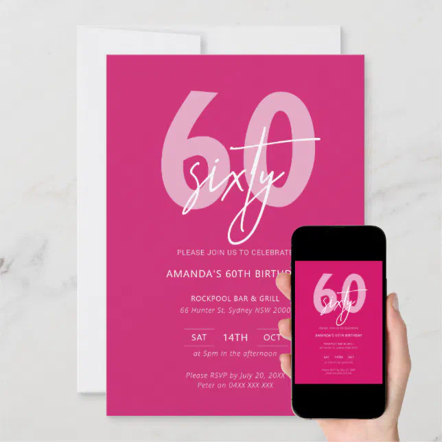 Minimalist Modern Hot Pink 60th Birthday Party Invitation | Zazzle
