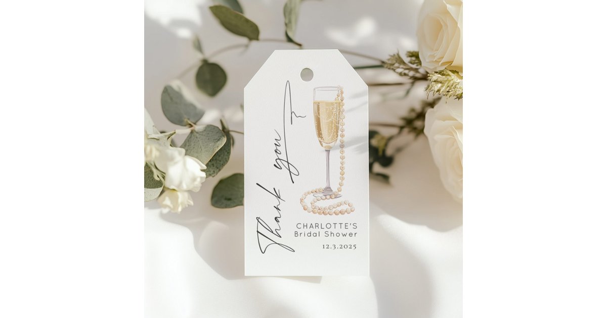 Minimalist modern Pearls and Prosecco Thank you Gift Tags | Zazzle