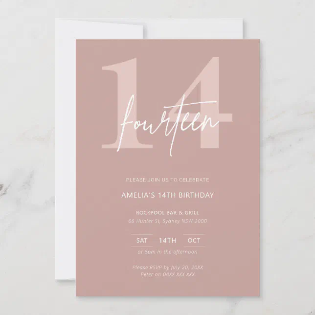 Minimalist Modern Pink 14th Birthday Party Invitation | Zazzle