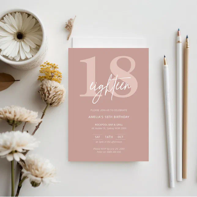 Minimalist Modern Pink 18th Birthday Party Invitation | Zazzle