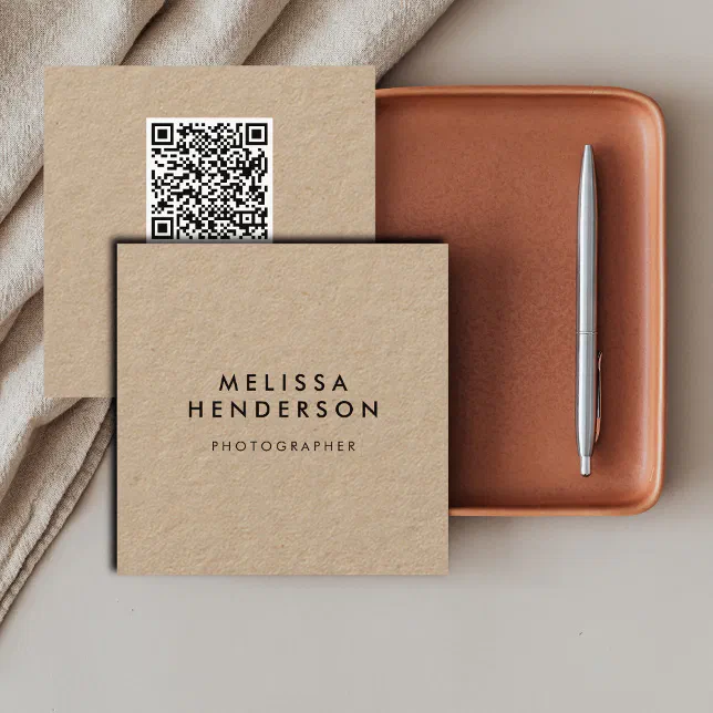 Minimalist Modern QR Code Kraft Square Business Card | Zazzle