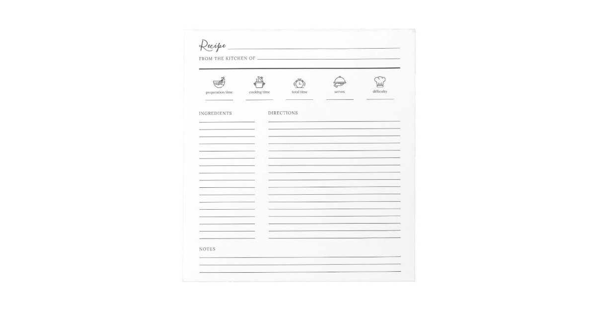 Minimalist Modern Recipe Sheet Cookbook Page Notepad | Zazzle