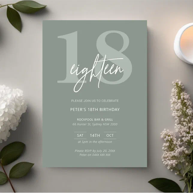 Minimalist Modern Sage 18th Birthday Party Invitation | Zazzle