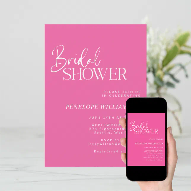 Minimalist Modern Script Hot Pink Bridal Shower Invitation | Zazzle