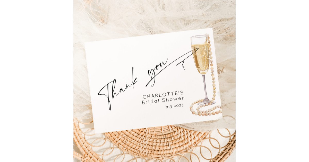Minimalist modern script Pearls and Prosecco Thank You Card | Zazzle