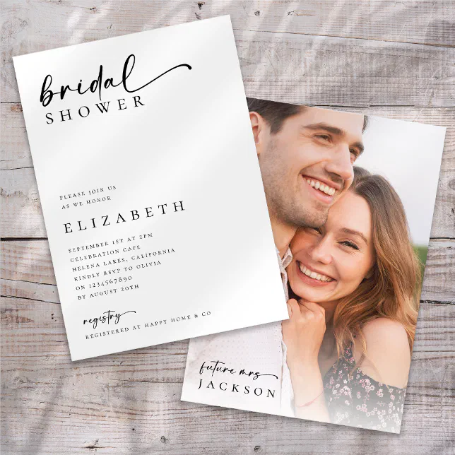 Minimalist Modern Script Photo Bridal Shower Invitation | Zazzle