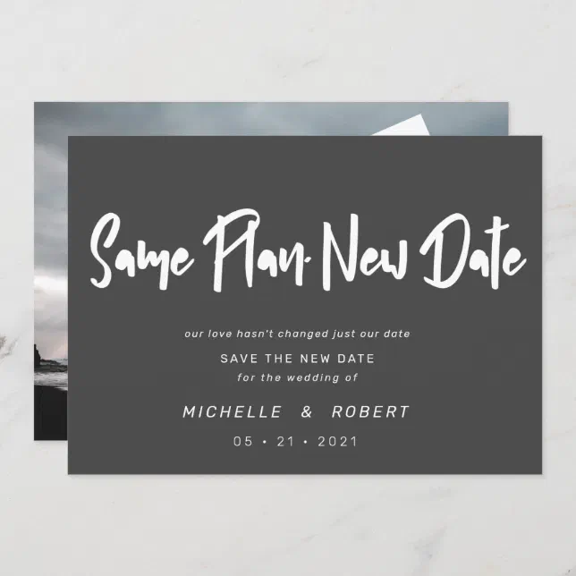 minimalist modern script two photo change the date invitation | Zazzle