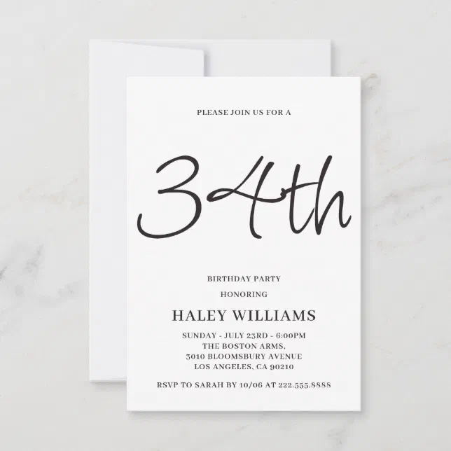 Minimalist Modern Simple Calligraphy 34th Birthday Invitation | Zazzle