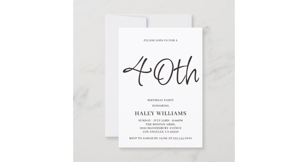 Minimalist Modern Simple Calligraphy 40th Birthday Invitation | Zazzle