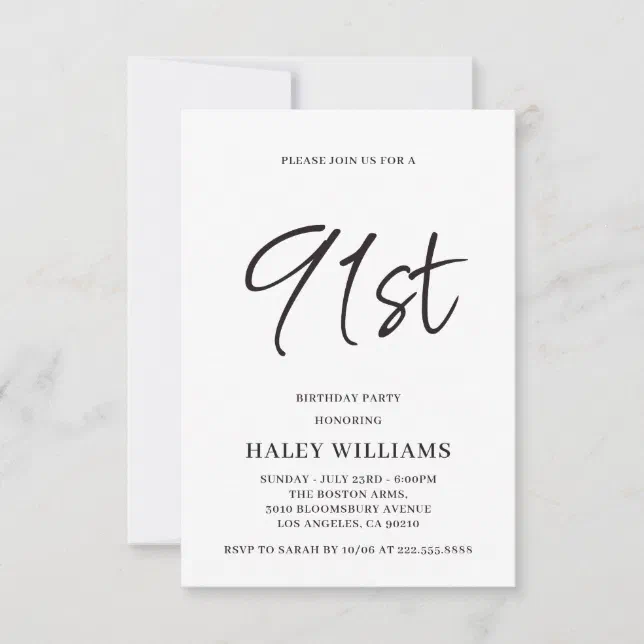 Minimalist Modern Simple Calligraphy 91st Birthday Invitation | Zazzle