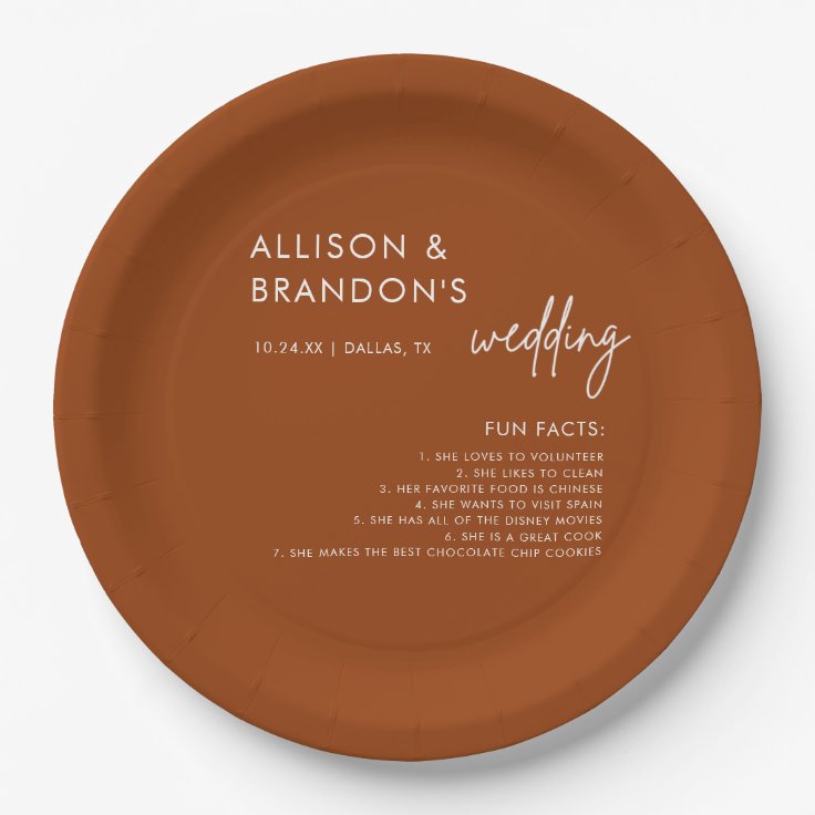 Minimalist Modern Terracotta Wedding Fun Facts Paper Plates | Zazzle