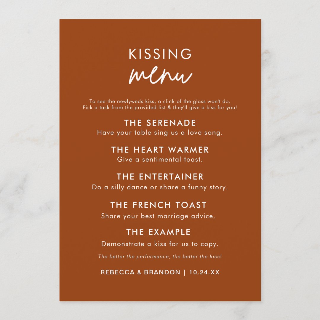 Minimalist Modern Terracotta Wedding Kiss Menu | Zazzle