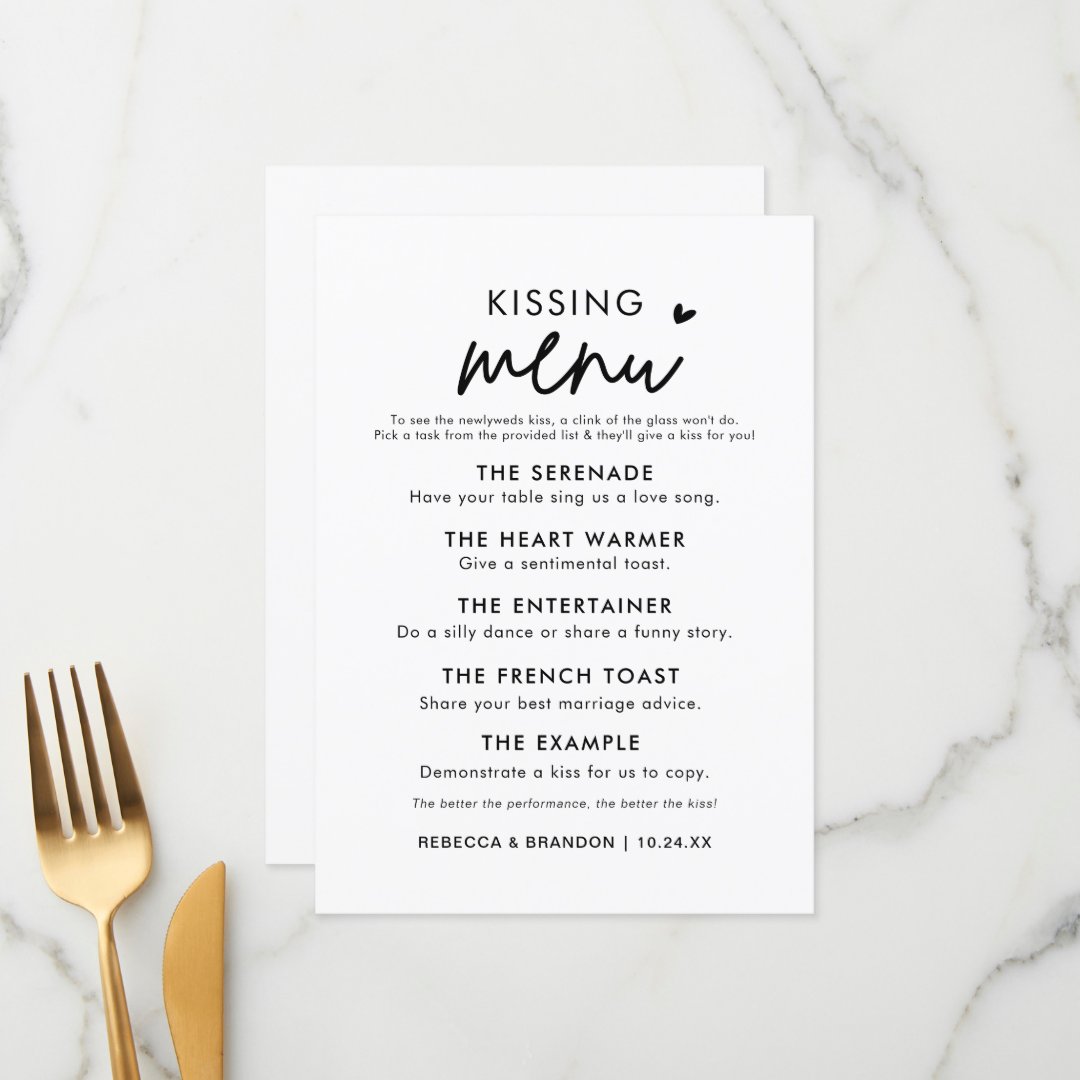 Minimalist Modern Wedding Kissing Menu | Zazzle