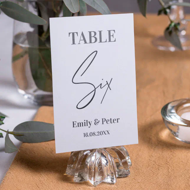 Minimalist Modern White WEDDING SIX Table Number | Zazzle