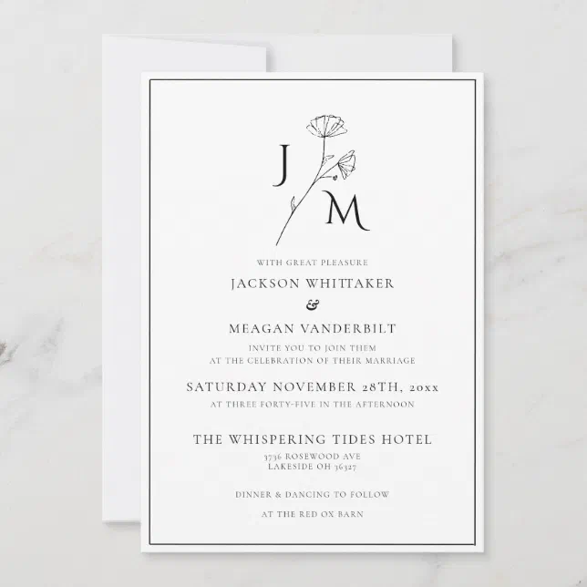 Minimalist Monochrome Elegant Monogram Wedding Invitation | Zazzle