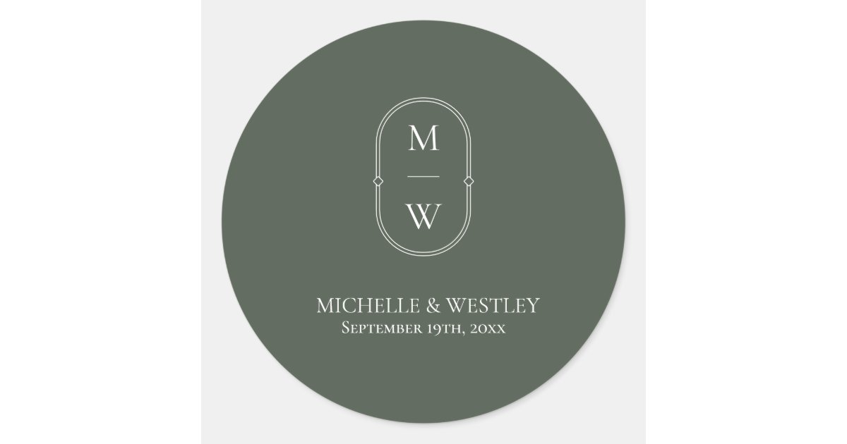 Minimalist Monogram Moss Green Wedding Classic Round Sticker | Zazzle