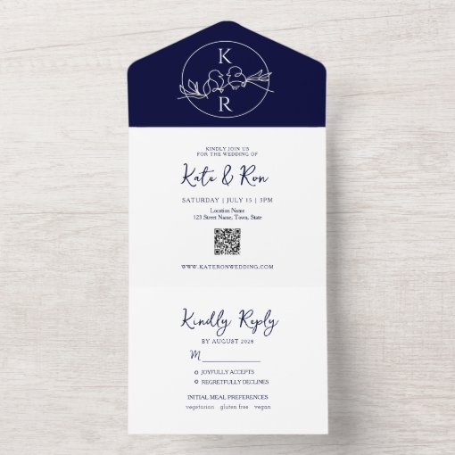 Minimalist Monogram Navy Blue Wedding All In One Invitation | Zazzle