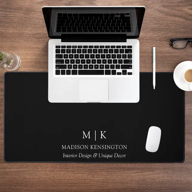 Minimalist Monogram or Add Logo Business Black Desk Mat | Zazzle