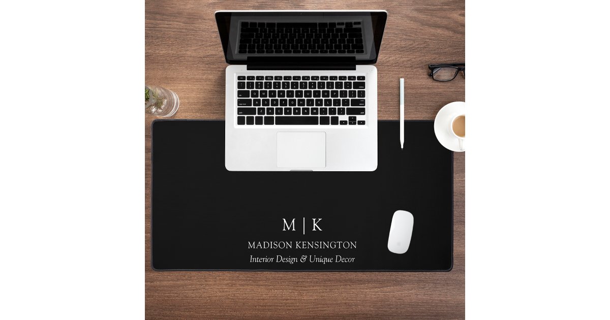 Minimalist Monogram or Add Logo Business Black Desk Mat | Zazzle