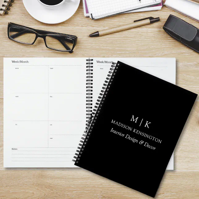 Minimalist Monogram or Add Logo Business Black Planner | Zazzle