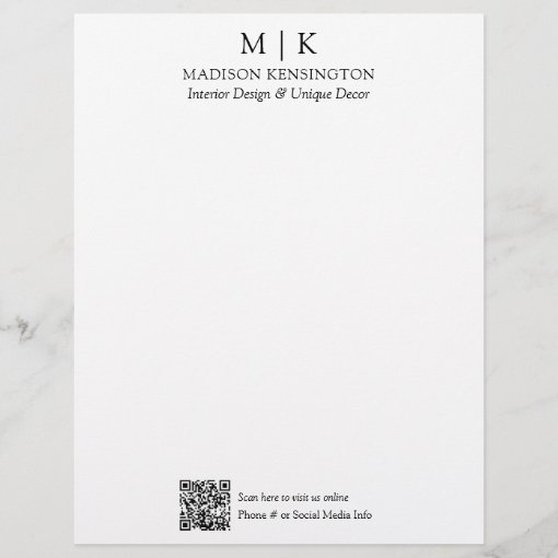 Minimalist Monogram or Add Logo Business QR Code Letterhead | Zazzle