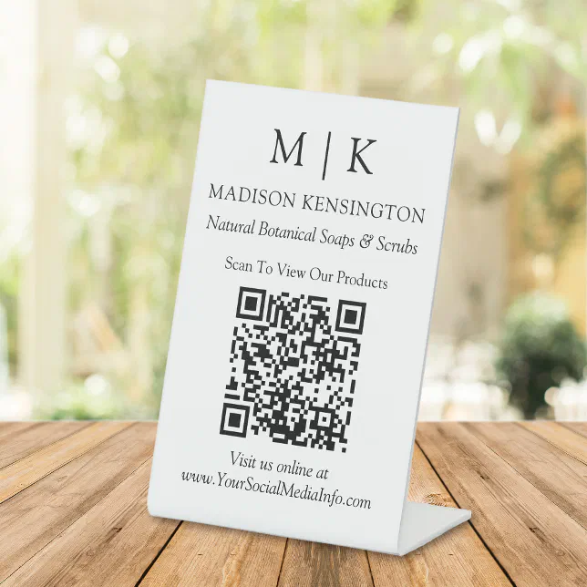 Minimalist Monogram or Add Logo Business QR Code Pedestal Sign | Zazzle
