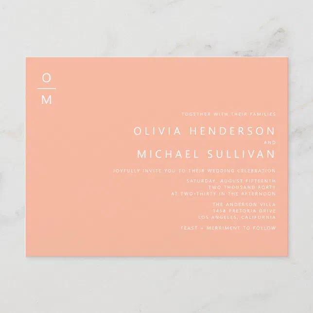 Minimalist Monogram Peach QR Code Wedding Invitation Postcard | Zazzle