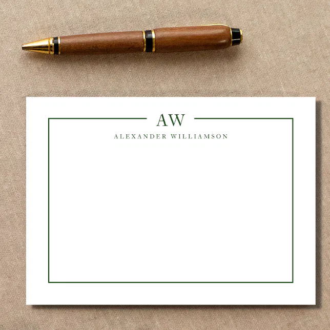 Minimalist Monogram Pine Green Note Card | Zazzle
