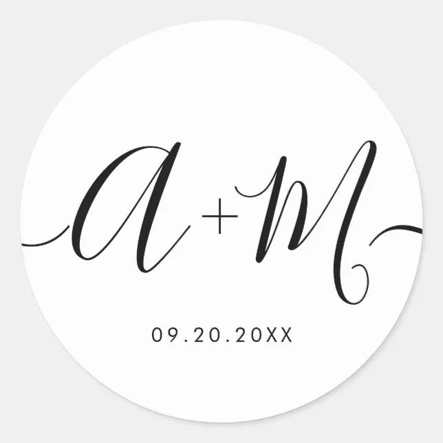 Minimalist Monogram Script Custom Wedding date Classic Round Sticker ...