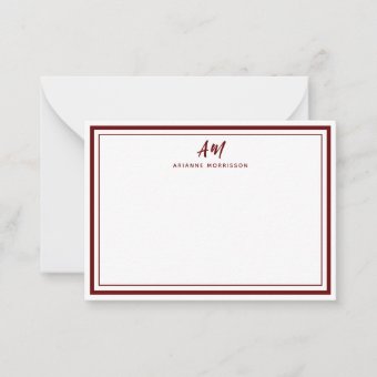Minimalist Monogram Thin & Thick Maroon Border Note Card | Zazzle