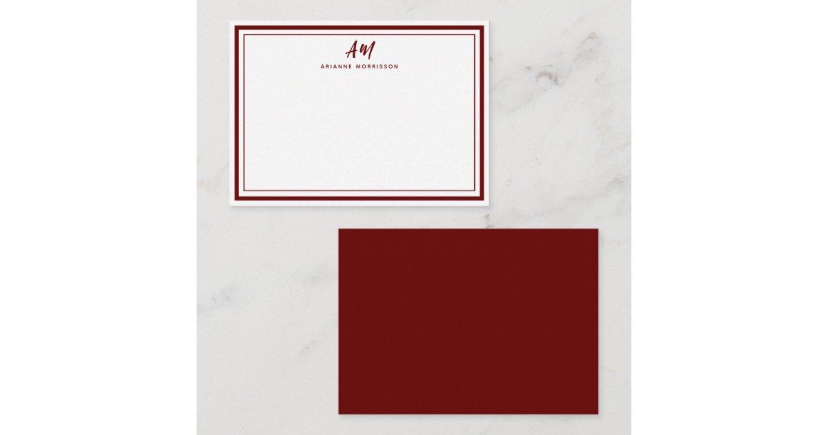 Minimalist Monogram Thin & Thick Maroon Border Note Card | Zazzle