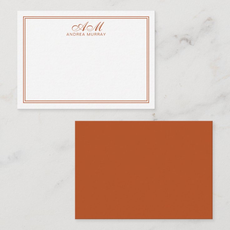 Minimalist Monogram Two Border Burnt Orange Note Card | Zazzle