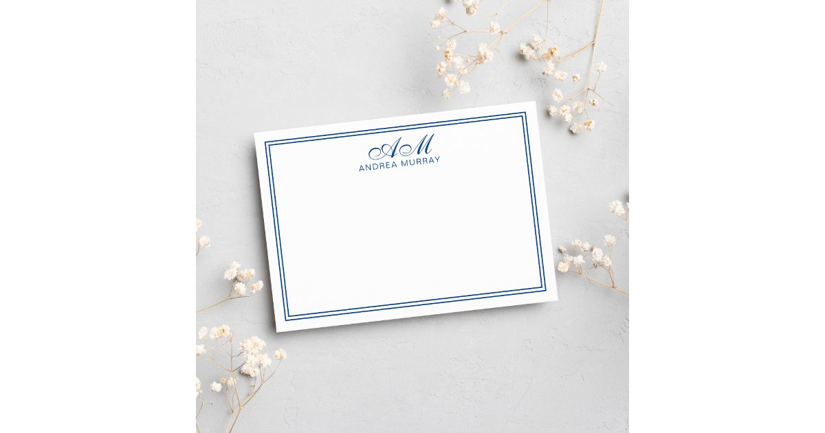 Minimalist Monogram Two Border Navy Blue Note Card | Zazzle