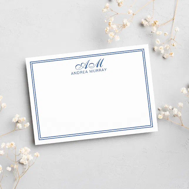 Minimalist Monogram Two Border Navy Blue Note Card | Zazzle