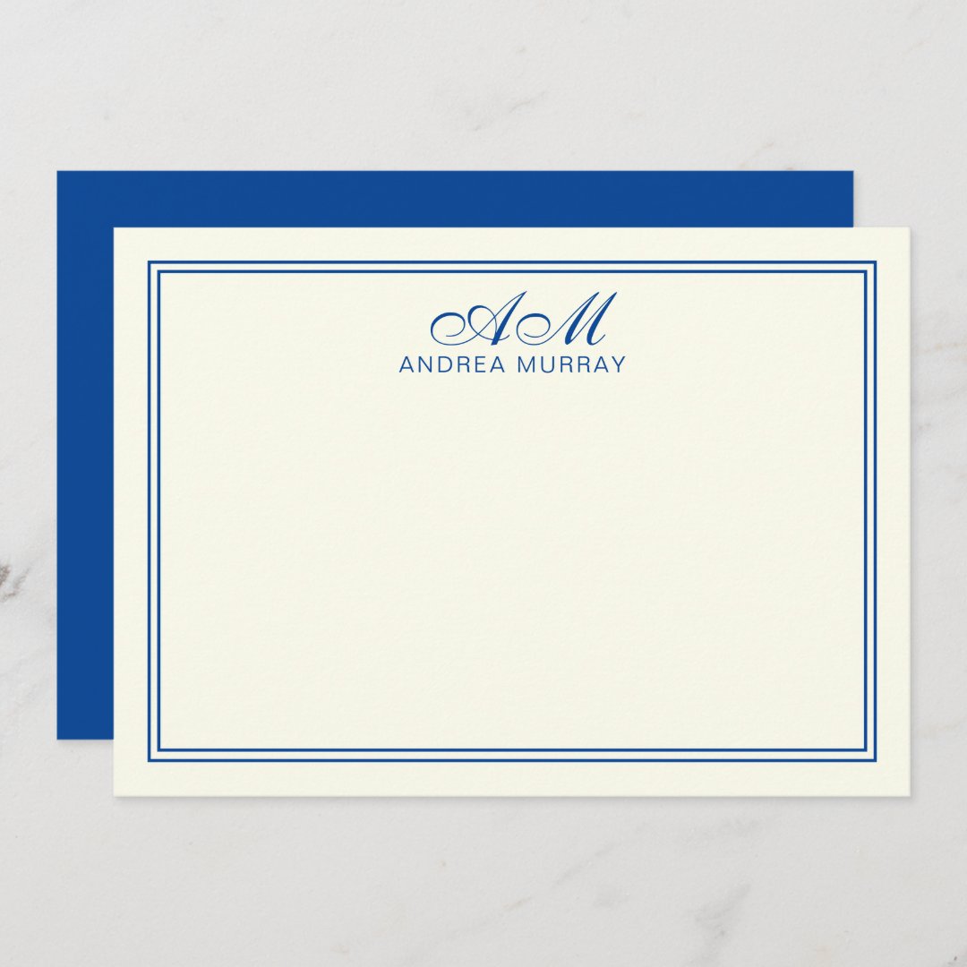 Minimalist Monogram Two Border Navy Blue Thank You Note Card | Zazzle