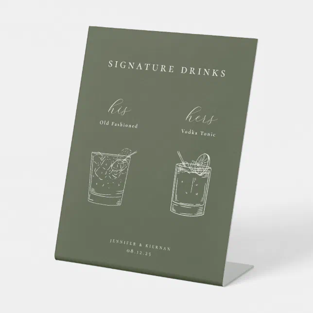 Minimalist Moss Green Wedding Signature Drinks Pedestal Sign | Zazzle