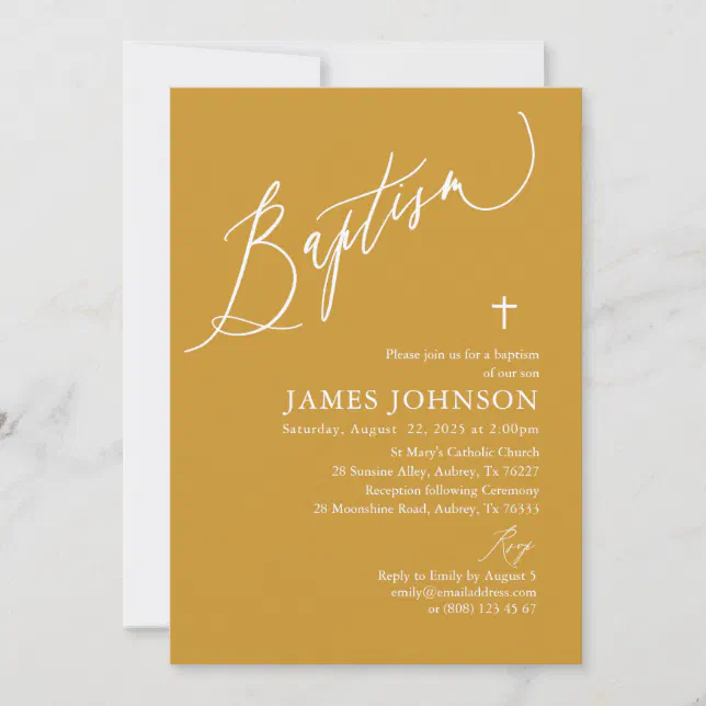 Minimalist Mustard Yellow Baptism Invitation | Zazzle
