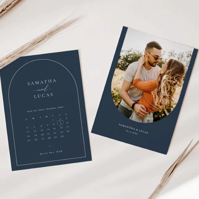 Minimalist navy arch photo calendar Save the Date Invitation | Zazzle